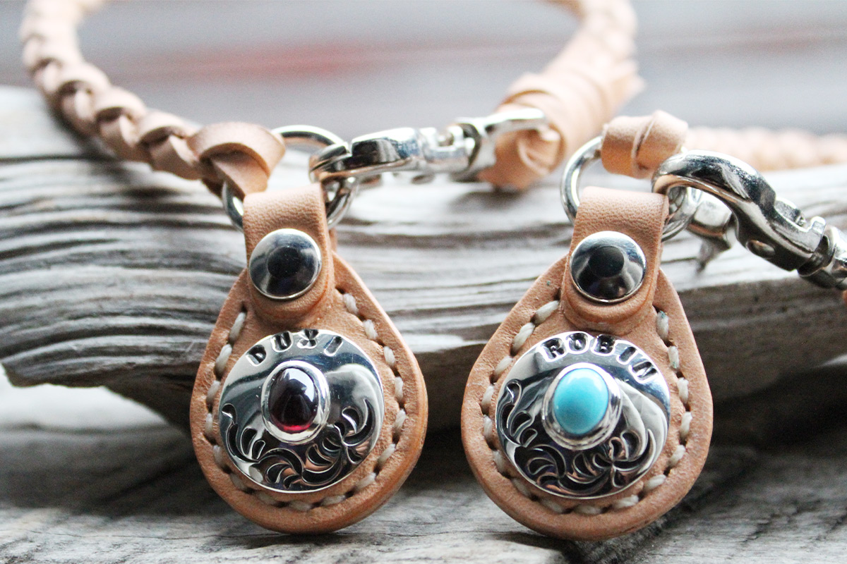 レザーチェーンネームタグNATURALLY19㎜ターコイズ、ガーネット ROBIN DUXI | 革で作る犬の首輪の専門店 FiveDrops